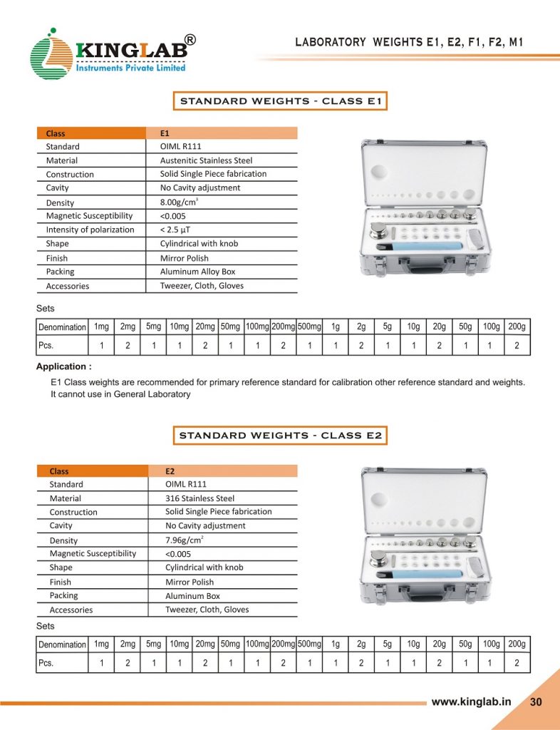 Standard Weights - Class E1 & E2 - KINGLAB INSTRUMENTS PVT LTD