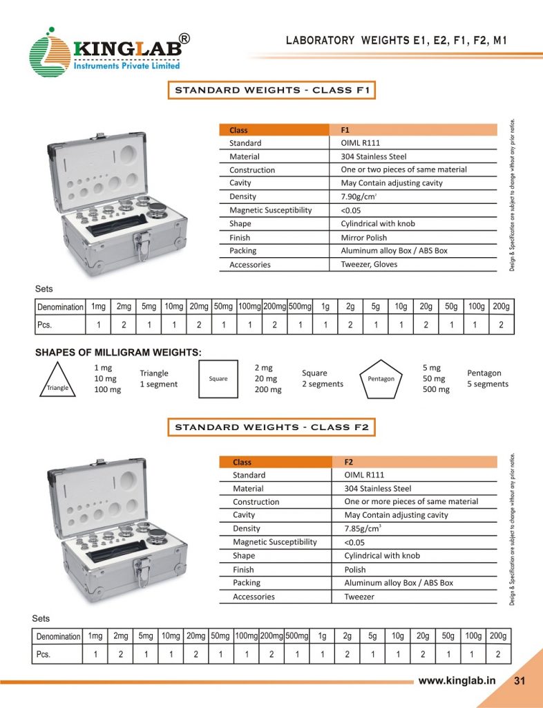 Standard Weights - Class F1 & F2 - KINGLAB INSTRUMENTS PVT LTD