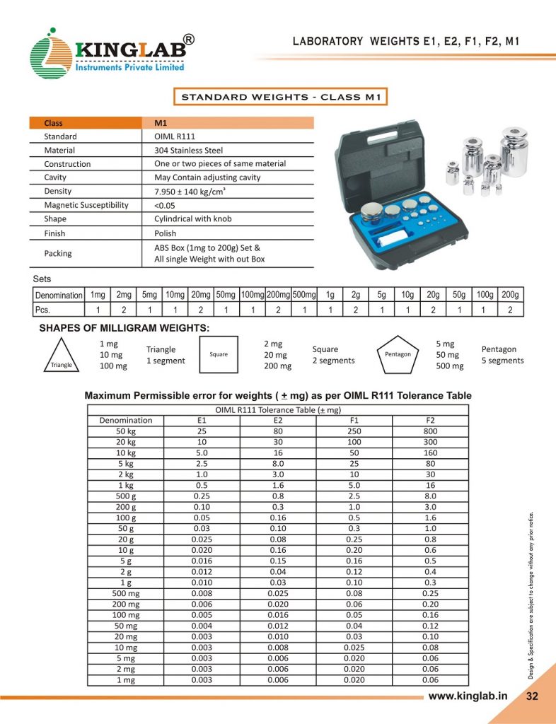 Standard Weights - Class M1 - KINGLAB INSTRUMENTS PVT LTD